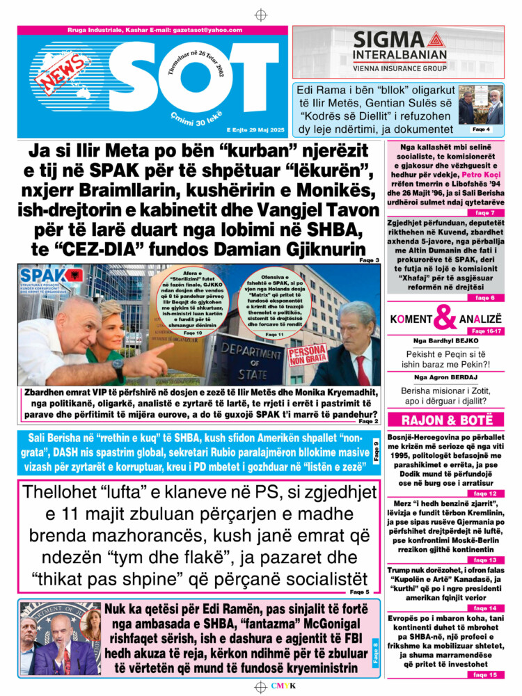 Sot në Print - 29 Maj 2025 - Sot News | Lajme