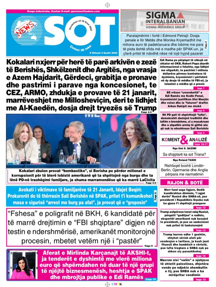 Sot në Print- 2 Gusht 2025 - Sot News | Lajme