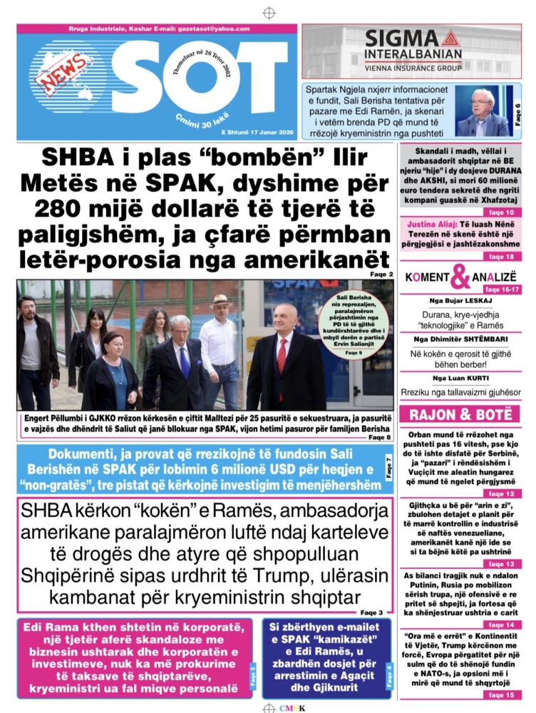 Sot në Print - 17 janar 2026 - Sot News | Lajme