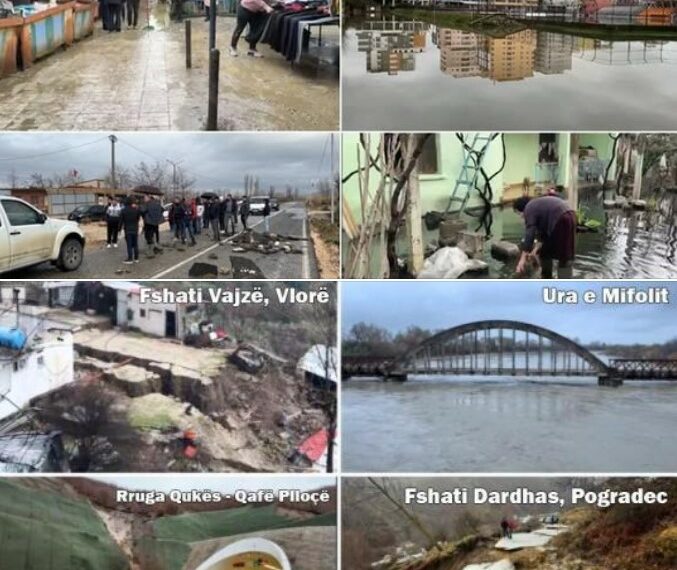 Moti i keq, Vjosa del nga shtrati në Mifol, niveli arrin në 8.5 m, gati ...